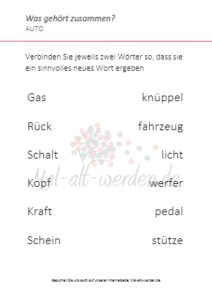 Das Arbeitsblatt “Zusammengesetzte Wörter” zum Thema Auto